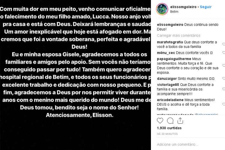 Goleiro Elisson, ex-Cruzeiro, comunica falecimento do filho Lucca